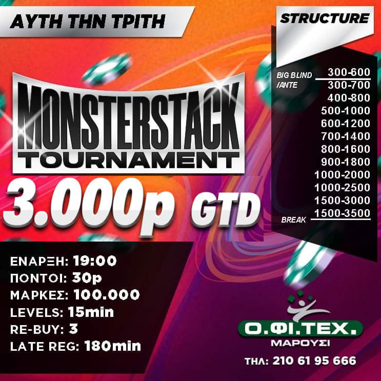 Ο.ΦΙ.ΤΕΧ.: Monsterstack με 3.000p gtd σήμερα στο Μαρούσι - Pokerland